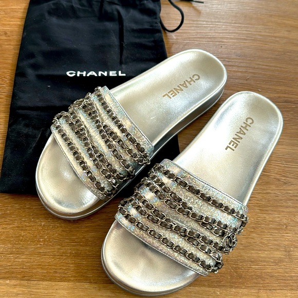 Shoes | Authentic Chanel Slides Silver 41 | Poshmark